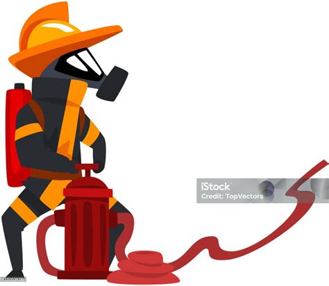 소화 전을 사용 하 여 물을 살포 하는 방어적 인 마스크에 있는 소방 관 흰색 배경에 균일 한 벡터 일러스트 레이 터 문자 구조에 대한 스톡 벡터 아트 및 기타 이미지