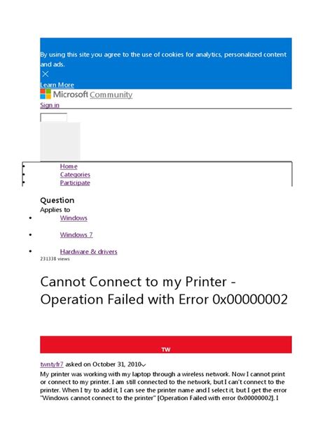 cannot connect to my printer operation failed with error 0x00000002