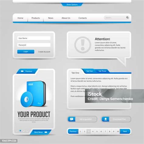 웹 Ui 컨트롤 요소 회색과 어두운 배경에 파란색 탐색 바 버튼 로그인 폼 슬라이더 메시지 상자 메뉴 탭 0명에 대한 스톡 벡터 아트 및 기타 이미지 Istock