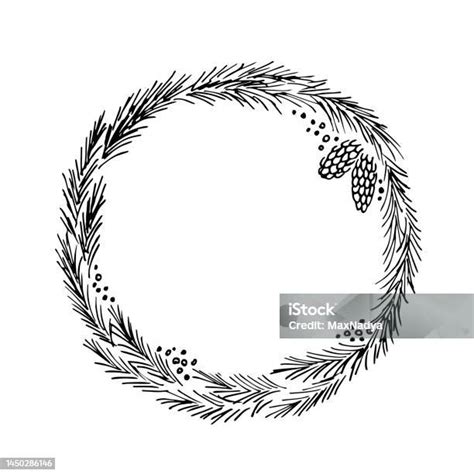 간단한 검은 윤곽선 벡터 그리기입니다 크리스마스 화환 침엽수 림과 원뿔의 둥근 프레임 새해 디자인 라벨 엽서 잉크 스케치 나뭇가지에 대한 스톡 벡터 아트 및 기타 이미지