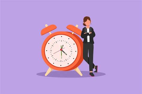 그래픽 평면 디자인 그리기 귀여운 사업가 관리자 또는 직원 큰 시계에 기대어 서 시간 관리 개념 시간 시계 제한 제공 마감 기호