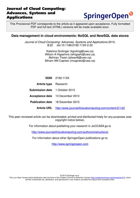 Pdf Data Management In Cloud Environments Nosql And Newsql Data Stores