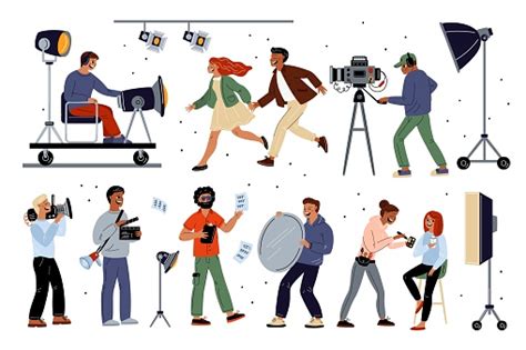 영화 제작 산업 세트에 근무일 영화 제작 제작자 이사 및 운영자 엔터테인먼트 영역 전문 배우 영화 촬영 스튜디오 승무원 화려한 벡터 컬렉션 스튜디오에 대한 스톡 벡터 아트