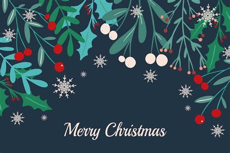 꽃 프레임 겨울 녹지 겨우살이 홀리 베리 눈송이와 메리 크리스마스 인사말 카드 프리미엄 벡터