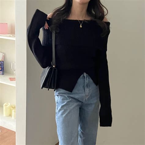 최저가밑단트임 오프더숄더 컬러 골지 여리여리 언발란스 오프숄더 니트