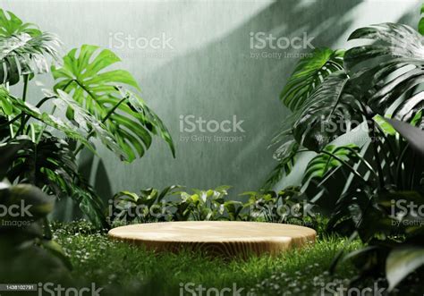 나무 제품은 잔디 꽃과 햇빛 그림자 배경이 있는 녹색 방에 연단을 표시합니다 제품 프레젠테이션 테마입니다 자연과 유기농 화장품 및 식품 개념 3d 일러스트레이션 렌더링 꽃
