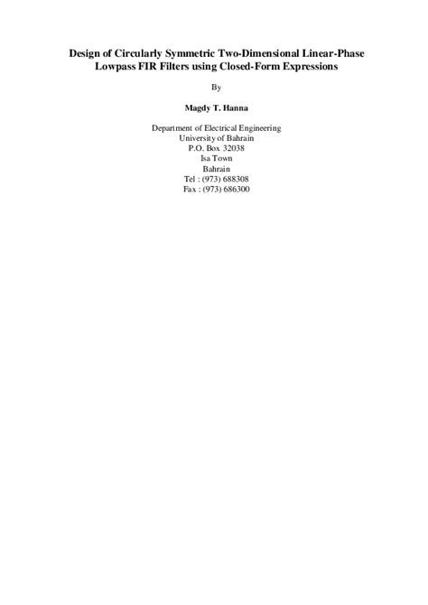 Pdf Design Technique For 2d Linear Phase Fir Low Pass Filters