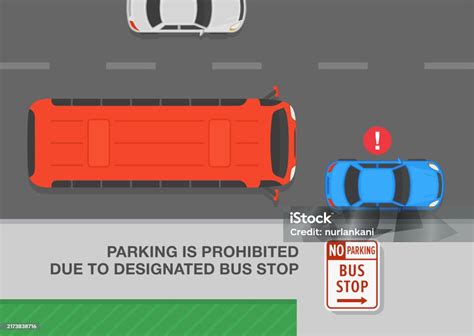 안전 운전 요령 및 교통 법규 미국 주차 금지 버스 정류장 표지판 의미 버스 정류장에 주차된 자동차의 평면도 벡터 일러스트 레이 션 거리에 대한 스톡 벡터 아트 및 기타