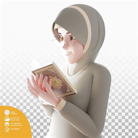 앉아있는 포즈에서 거룩한 책을 읽고 만화 이슬람 여자 3d 그림 프리미엄 Psd 파일
