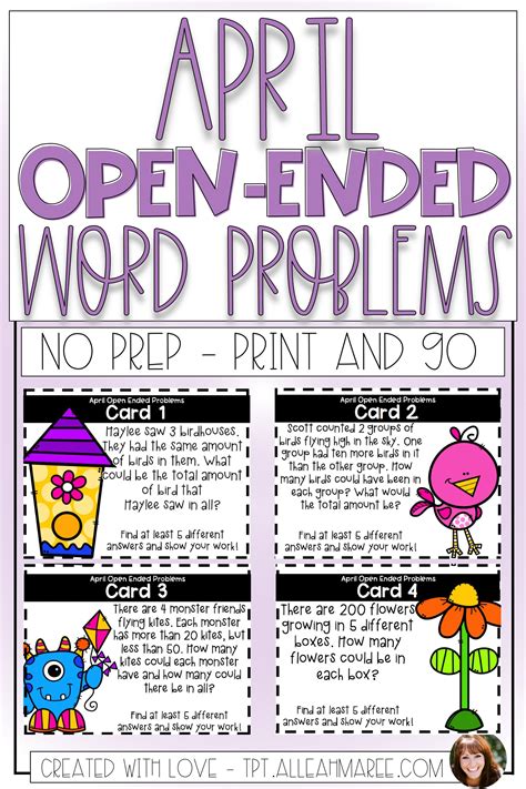 Open Ended Word Problem Task Cards For April Open Ended Word Problems Word Problems Addition
