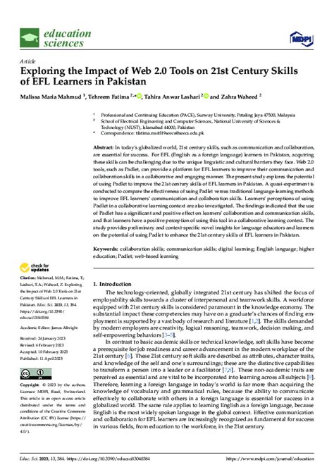 Pdf Exploring The Impact Of Web 2 0 Tools On 21st Century Skills Of Efl Learners In Pakistan