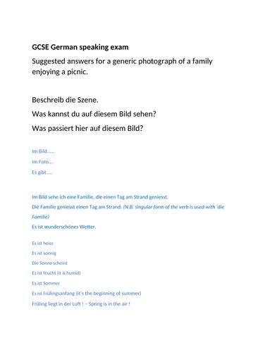 German Igcse Photo Card Revision Questions And Suggested Answers Teaching Resources
