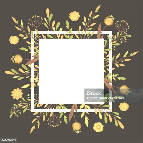 정사각형 배너 손으로 그린 나뭇잎 나뭇 가지와 회색 배경에 고립 된 꽃에서 꽃 프레임 벡터 그림 초대장 포스터 카드 인쇄를 위한 가을 디자인 0명에 대한 스톡 벡터 아트 및