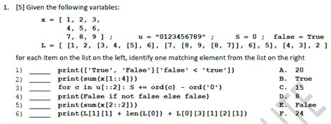 Solved 1 5 Given The Following Variables X 1 2 3