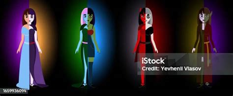 할로윈 괴물 소녀 그림입니다 할로윈을 위한 사람들의 만화 삽화 괴물 의상을 입은 소녀들 개체 그룹에 대한 스톡 벡터 아트 및 기타 이미지 Istock