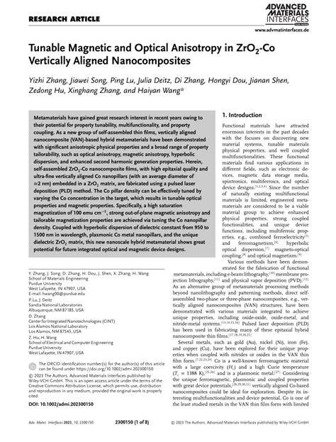 Pdf Tunable Magnetic And Optical Anisotropy In Zro 2 ‐co Vertically Aligned Nanocomposites