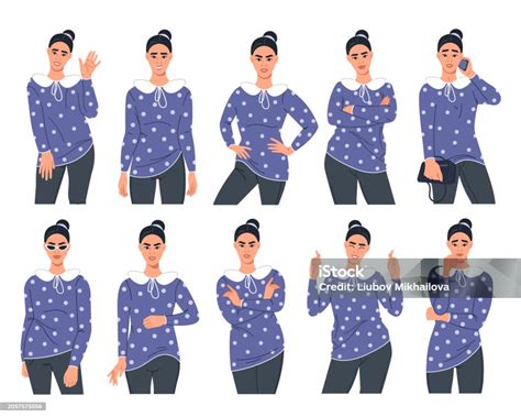 다양한 포즈를 취하고 있는 젊은 검은 머리 여성 여성 캐릭터의 일러스트 세트 손가락 꼬기에 대한 스톡 벡터 아트 및 기타 이미지 손가락 꼬기 여자 개념 Istock