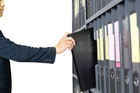 Businessman Selecting Folder From The Shelves With Office Files Isolated Stock Image Image Of