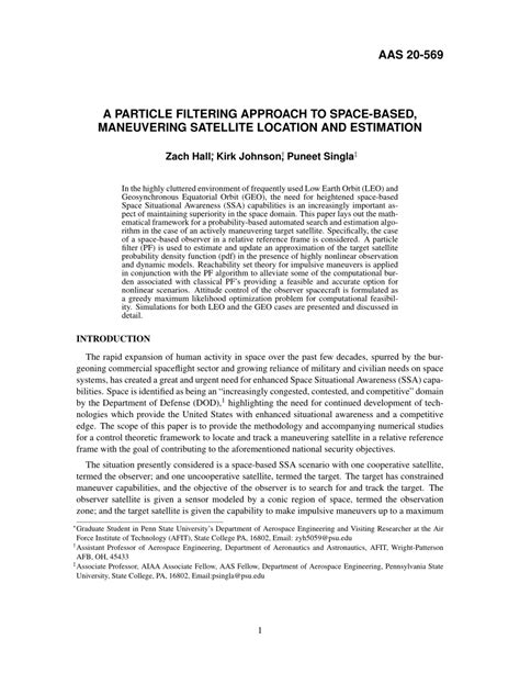 PDF AAS 20 569 A PARTICLE FILTERING APPROACH TO SPACE BASED