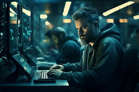 Premium Photo A Man Sitting In Front Of A Computer