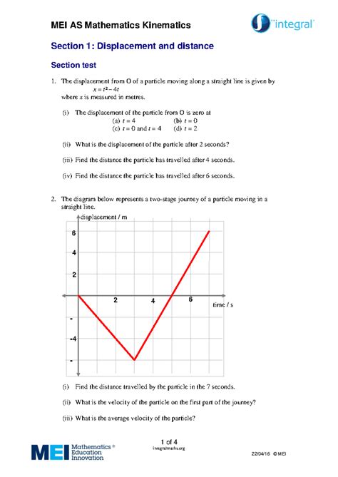 Section Test Displacement And Distance Mei As Mathematics Kinematics 1 Of 4 Integralmaths