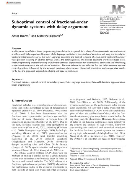 Pdf Suboptimal Control Of Fractional Order Dynamic Systems With Delay Argument