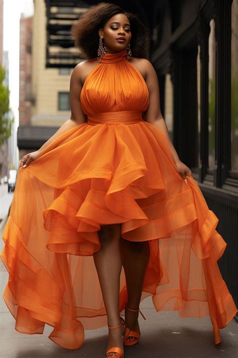 Xpluswear Design Plus Size Semi Formal Orange Halter Collar Ruffle