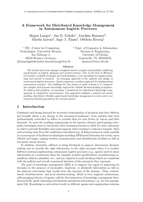 pdf a framework for distributed knowledge management in autonomous logistic processes