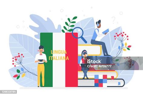 온라인 이탈리아어 코스 플랫 일러스트 거리 교육 원격 학교 이탈리아 대학 언어 인터넷 수업 E 학습 책을 읽는 학생 외국어 교육 개념에 대한 스톡 벡터 아트 및 기타 이미지