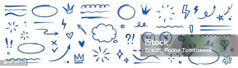 손으로 그린 파란색 강조 표시 텍스트 밑줄 강조 표시 선 모양 설정 손으로 그린 낙서 화살표 사랑 마음 말풍선 크라운 요소 마커 펜 브러시 스트로크 벡터 그리기에 대한 스톡