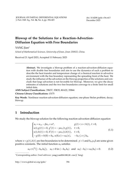 Global Science Press Blowup Of The Solutions For A Reaction Advection Diffusion Equation With