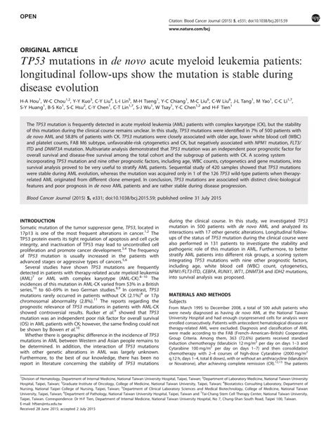 Pdf Tp53 Mutations In De Novo Acute Myeloid Leukemia Patients
