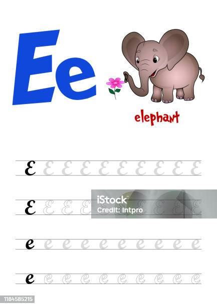 재미있는 만화 코끼리 일러스트와 함께 대문자와 소문자 E를 쓰는 것을 가르치는 영어 알파벳의 디자인 페이지 레이아웃 플랫 스타일 벡터 그림입니다 개체 그룹에 대한 스톡 벡터