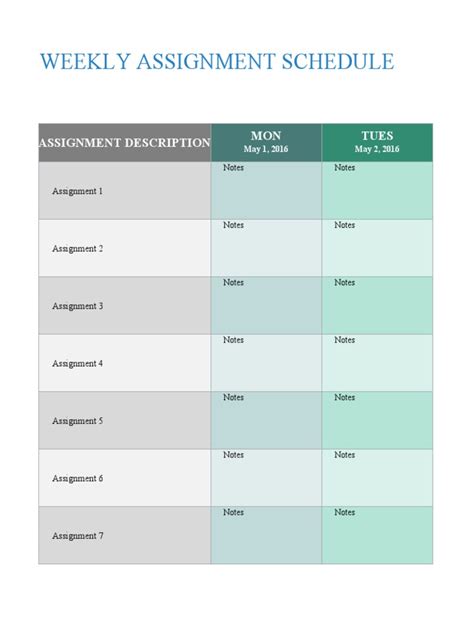 Weekly Assignment Schedule Template V1 Pdf Language Arts And Discipline