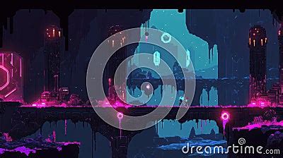 Neon Cyberpunk Pixel Art Landscape Stock Image