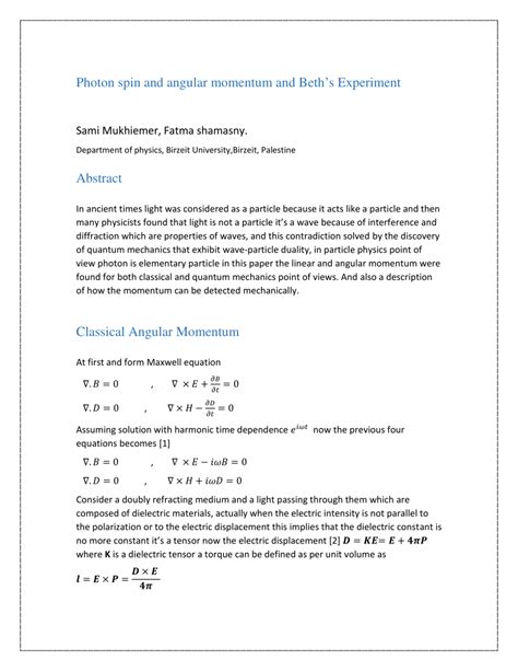 Pdf Photon Spin And Angular Momentum And Beth S Experiment