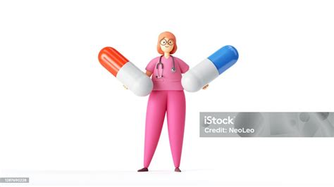 3d 렌더링 여자 의사 또는 약사 만화 캐릭터 두 개의 큰 약을 들고 선택 개념 의료 의료 일러스트레이션 흰색 배경에 격리 된 제약 클립 아트 3차원 형태에 대한 스톡 사진
