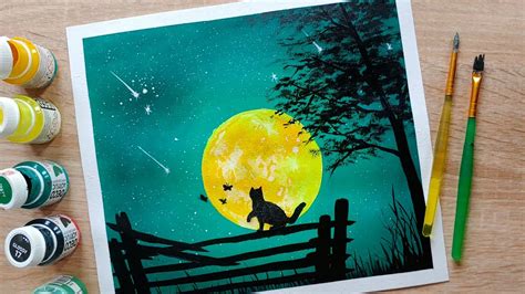 Рисуем луну и кота Желтая луна Как просто нарисовать лунный пейзаж красками Youtube