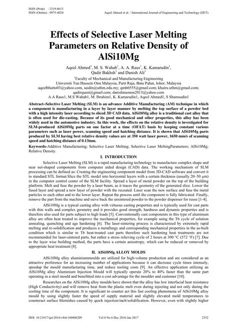 Pdf Effects Of Selective Laser Melting Parameters On Relative Density Of Alsi10mg