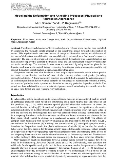Modelling The Deformation And Annealing Processes Physical And Regression Approaches
