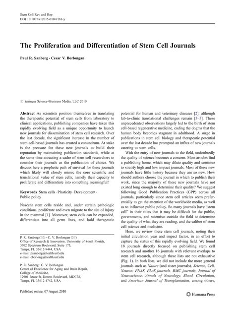 Pdf The Proliferation And Differentiation Of Stem Cell Journals