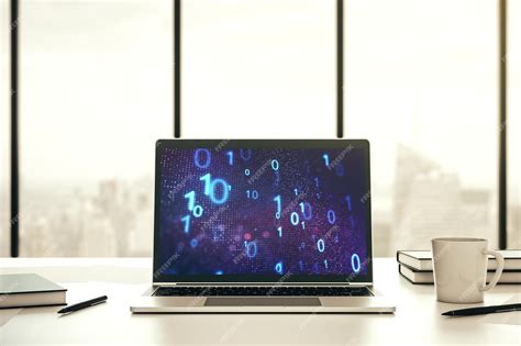 Premium Photo Creative Abstract Binary Code Sketch On Modern Laptop Monitor Hacking And Matrix