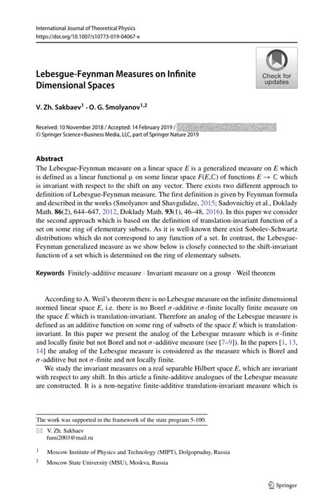 Pdf Lebesgue Feynman Measures On Infinite Dimensional Spaces