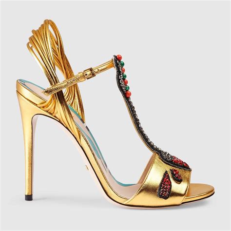 Gucci Embroidered Leather Sandal Gold Metallic Leather Modesens