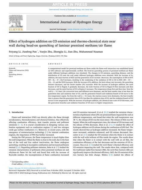 Pdf Effect Of Hydrogen Addition On Co Emission And Thermo Chemical State Near Wall During Head