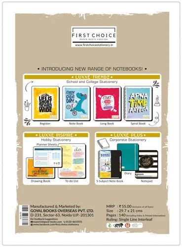Single Line Interleaf Soft Cover A4 Size 140 Pages Notebook With Indexing Page By First Choice