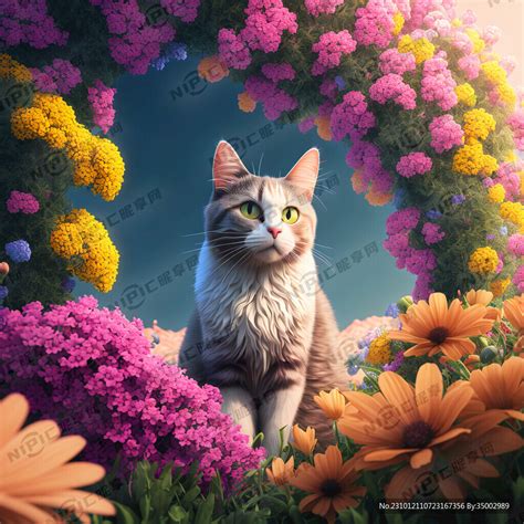 Ai创作图一只好看的猫在花朵簇拥下 远景 居中构图 构图层次丰富 全身 画面开阔 超广角 丰富细节 辛烷值渲染 微缩模型 昵图网