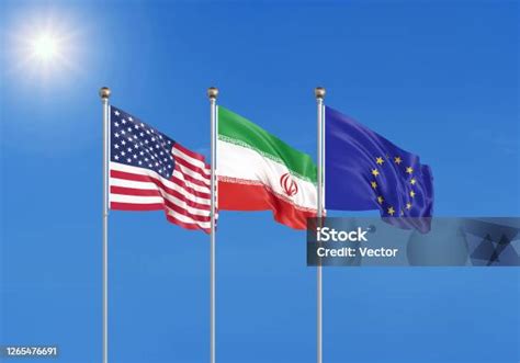 유럽 연합 미국 및 이란의 세 가지 현실적인 플래그 3d 일러스트레이션 0명에 대한 스톡 사진 및 기타 이미지 0명 경제 동업 Istock