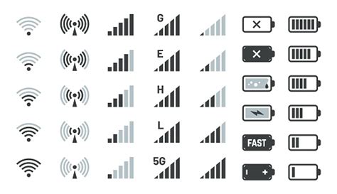 배터리 및 신호 아이콘 스마트폰 충전 상태 Gsm 및 와이파이 신호 강도 벡터 폰 배터리 충전 수준 개체 그룹에 대한 스톡 벡터 아트 및 기타 이미지 Istock