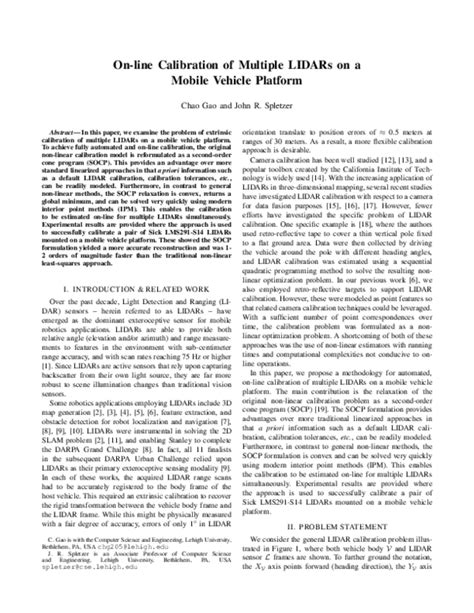 Pdf On Line Calibration Of Multiple Lidars On A Mobile Vehicle Platform